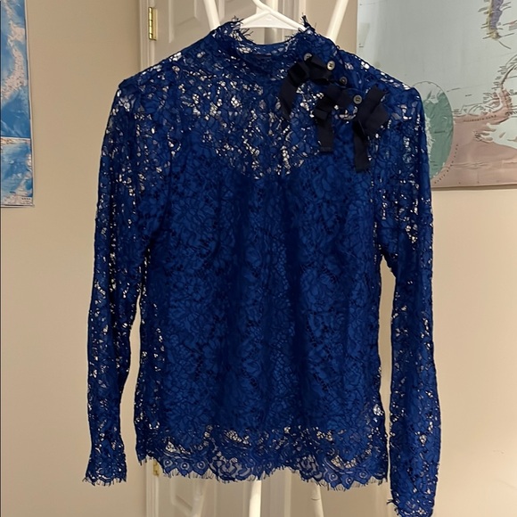 J. Crew | Tops | J Crew Blue Lace Embellished Blouse With Mandarin ...